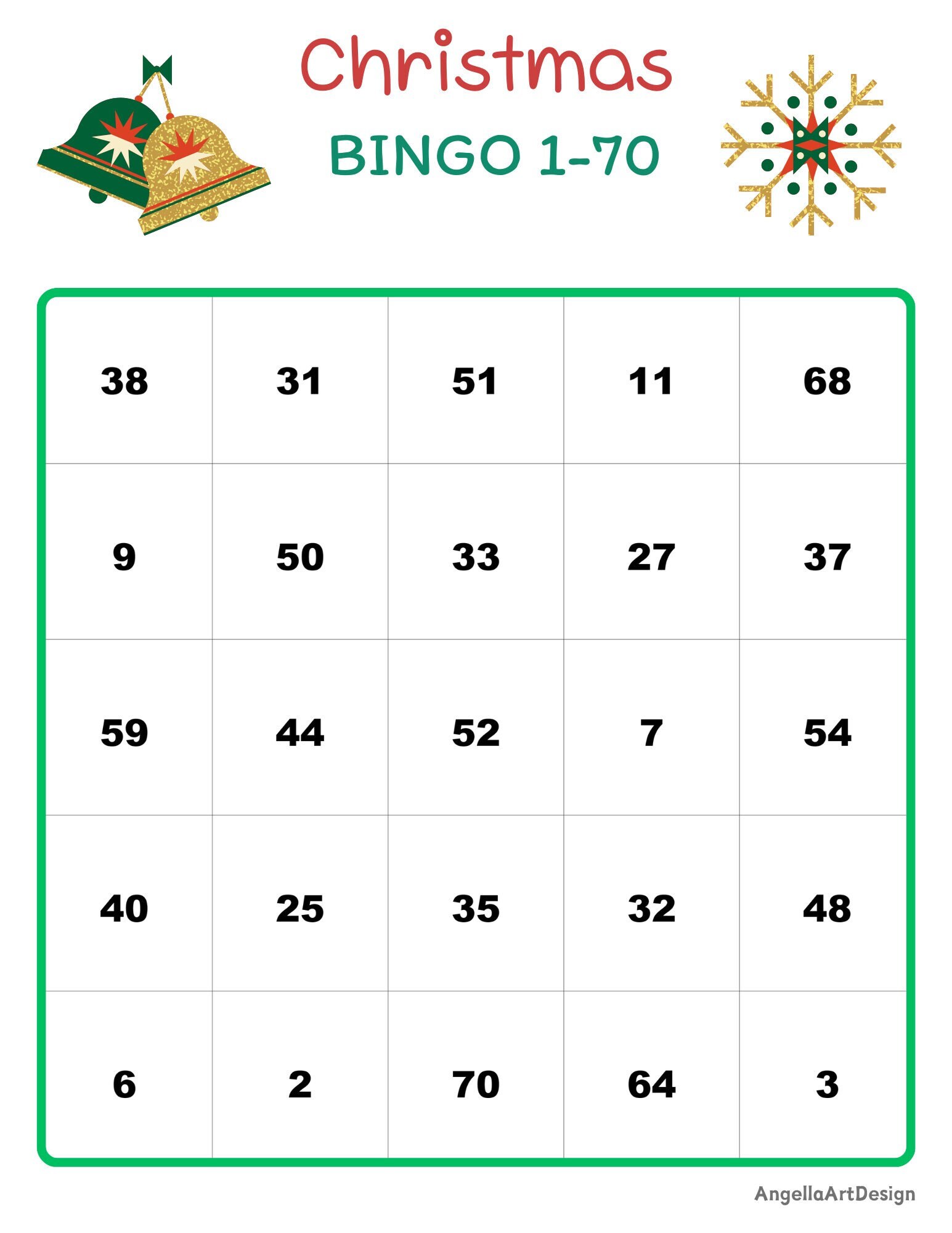 50 Cute 1-70 Christmas Bingo Cards, Printable PDF Download, Christmas ...
