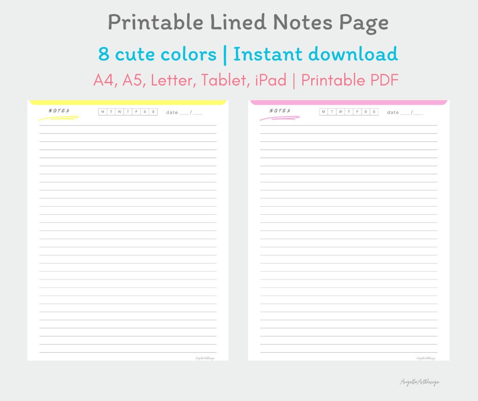 8 Cute Colors Lined Notes Page Printable, Minimal Goodnotes Template ...