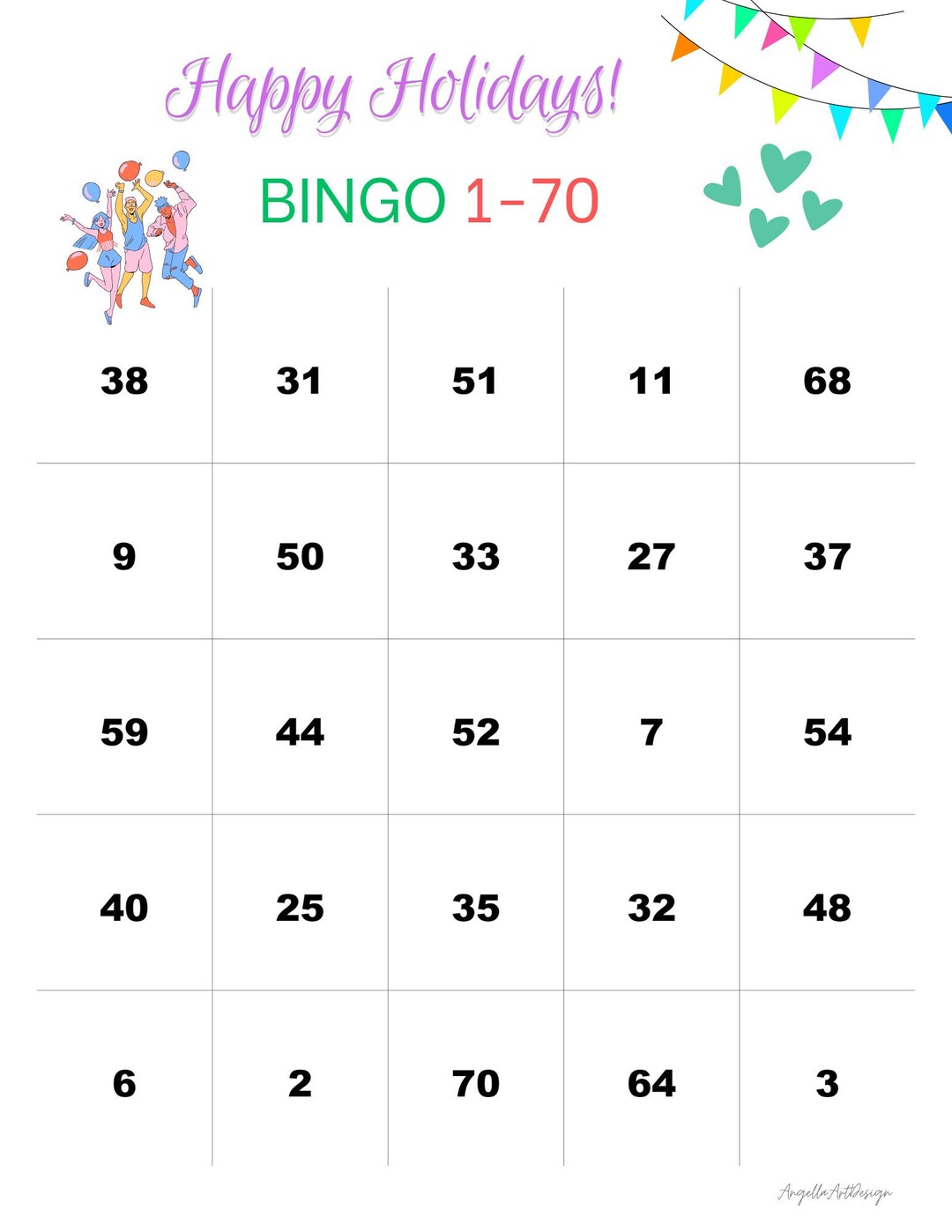 50 Cute 1-70 Holidays Bingo Cards, Printable PDF Download, Holidays ...