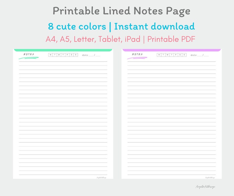 8 Cute Colors Lined Notes Page Printable, Minimal Goodnotes Template ...