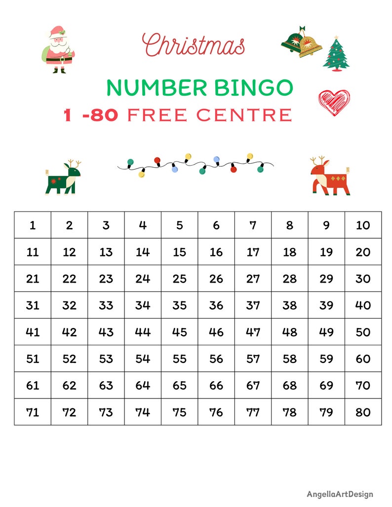 50 Cute 1-80 Christmas Bingo Number Cards, Printable PDF Download ...
