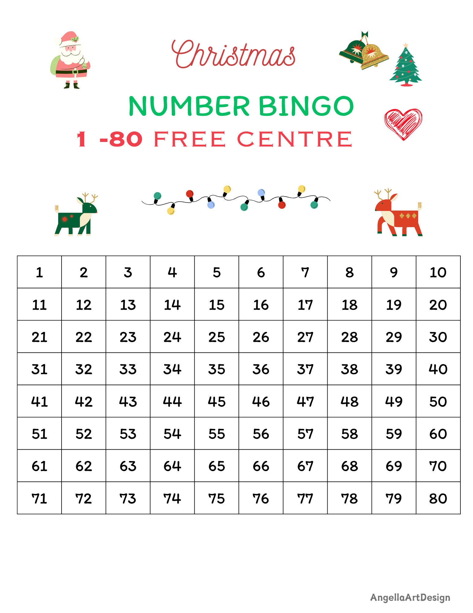 50 Cute 1-80 Christmas Bingo Number Cards, Printable PDF Download ...