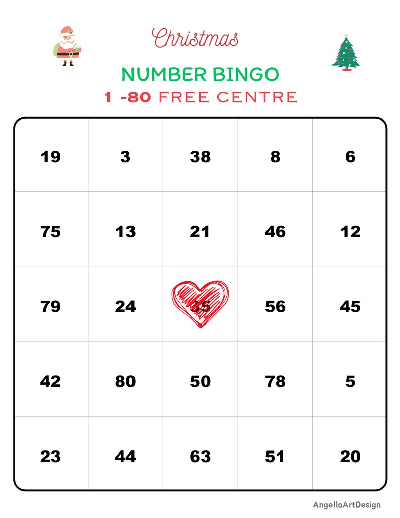 50 Cute 1-80 Christmas Bingo Number Cards, Printable PDF Download ...