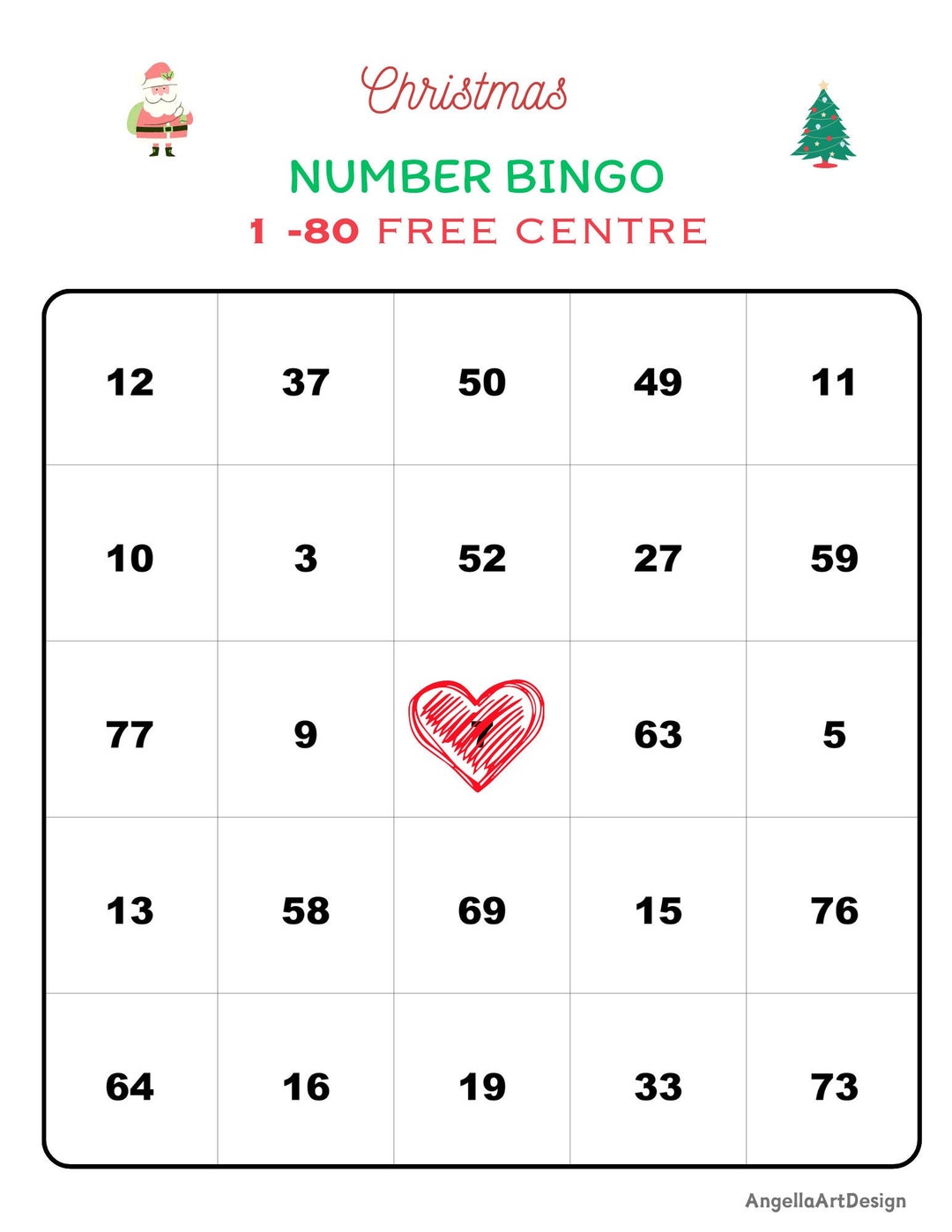 50 Cute 1-80 Christmas Bingo Number Cards, Printable PDF Download ...