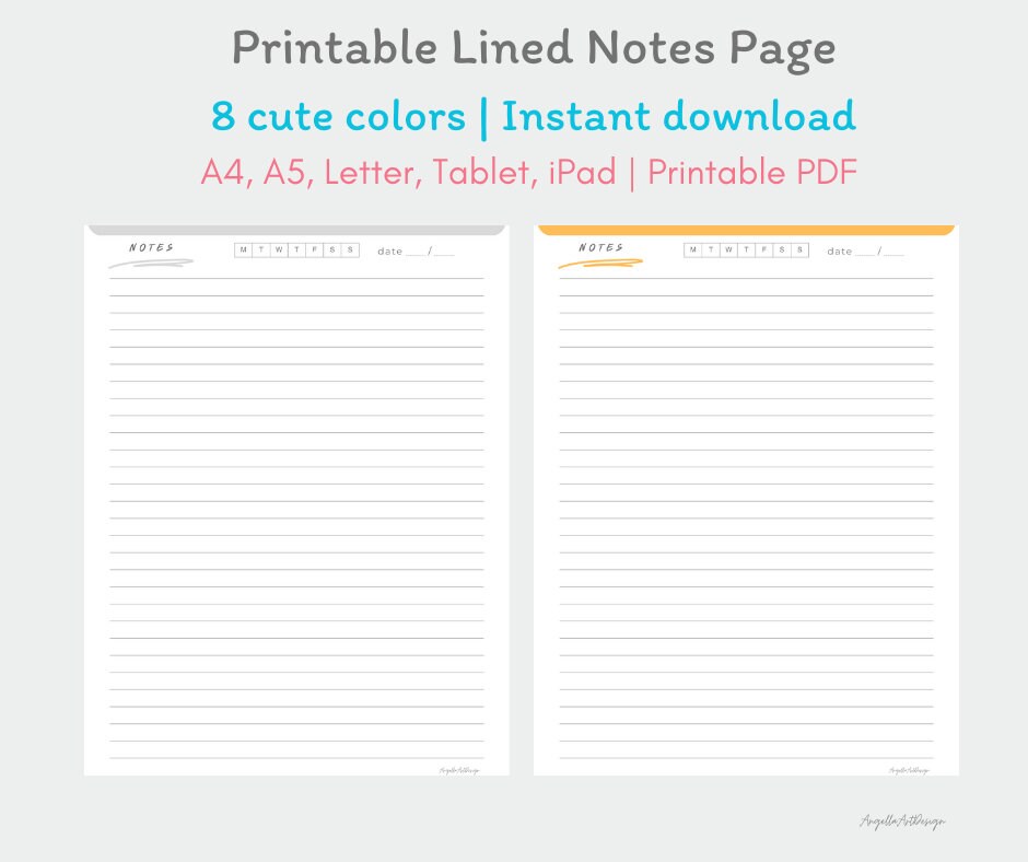 8 Cute Colors Lined Notes Page Printable, Minimal Goodnotes Template ...