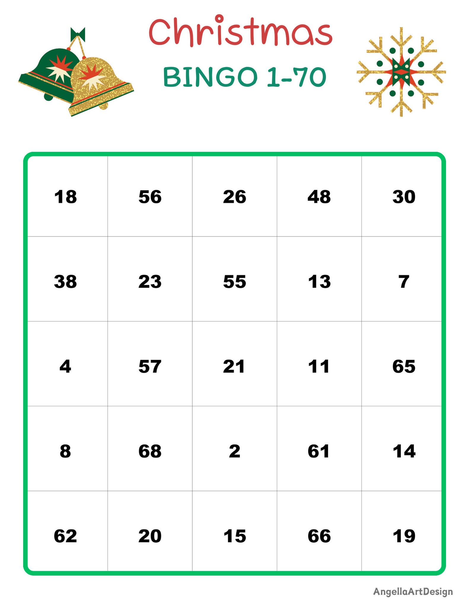 50 Cute 1-70 Christmas Bingo Cards, Printable PDF Download, Christmas ...