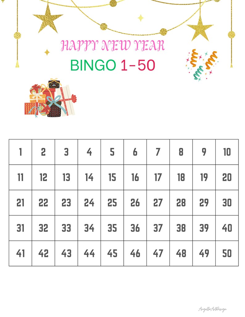 50 Cute 1-50 New Year Bingo Cards, Printable PDF Download, New Year ...