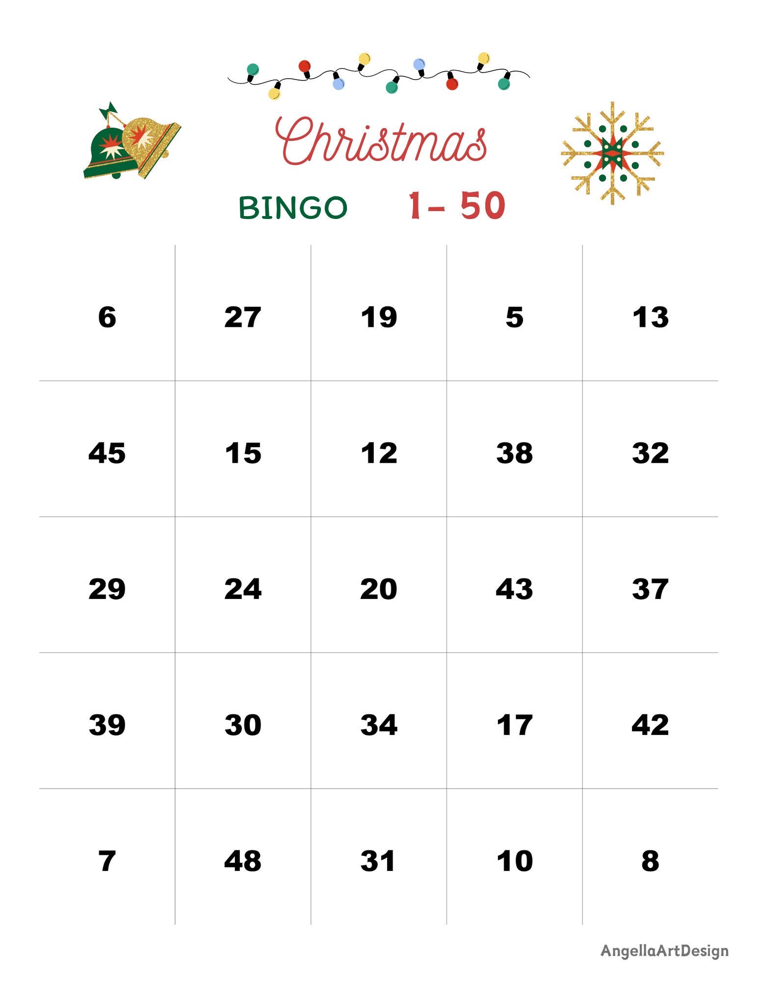 50 Cute 1-50 Christmas Bingo Cards, Printable PDF Download, Christmas ...
