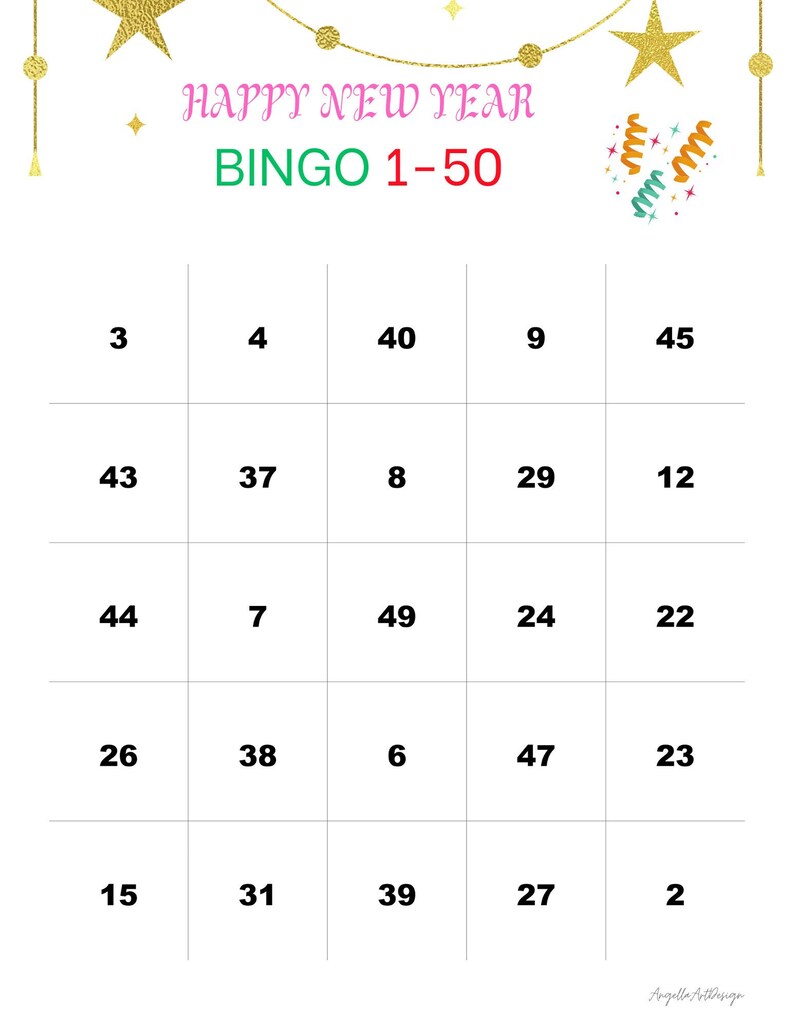 50 Cute 1-50 New Year Bingo Cards, Printable PDF Download, New Year ...