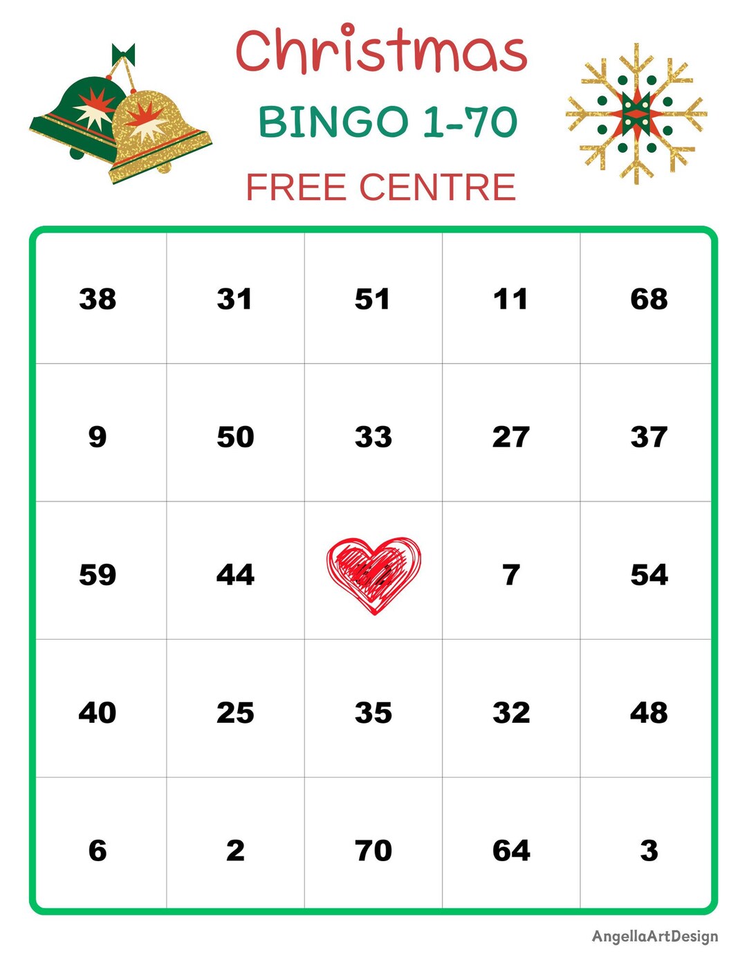 50 Cute 1-70 Christmas Bingo Cards, Printable PDF Download, Christmas ...