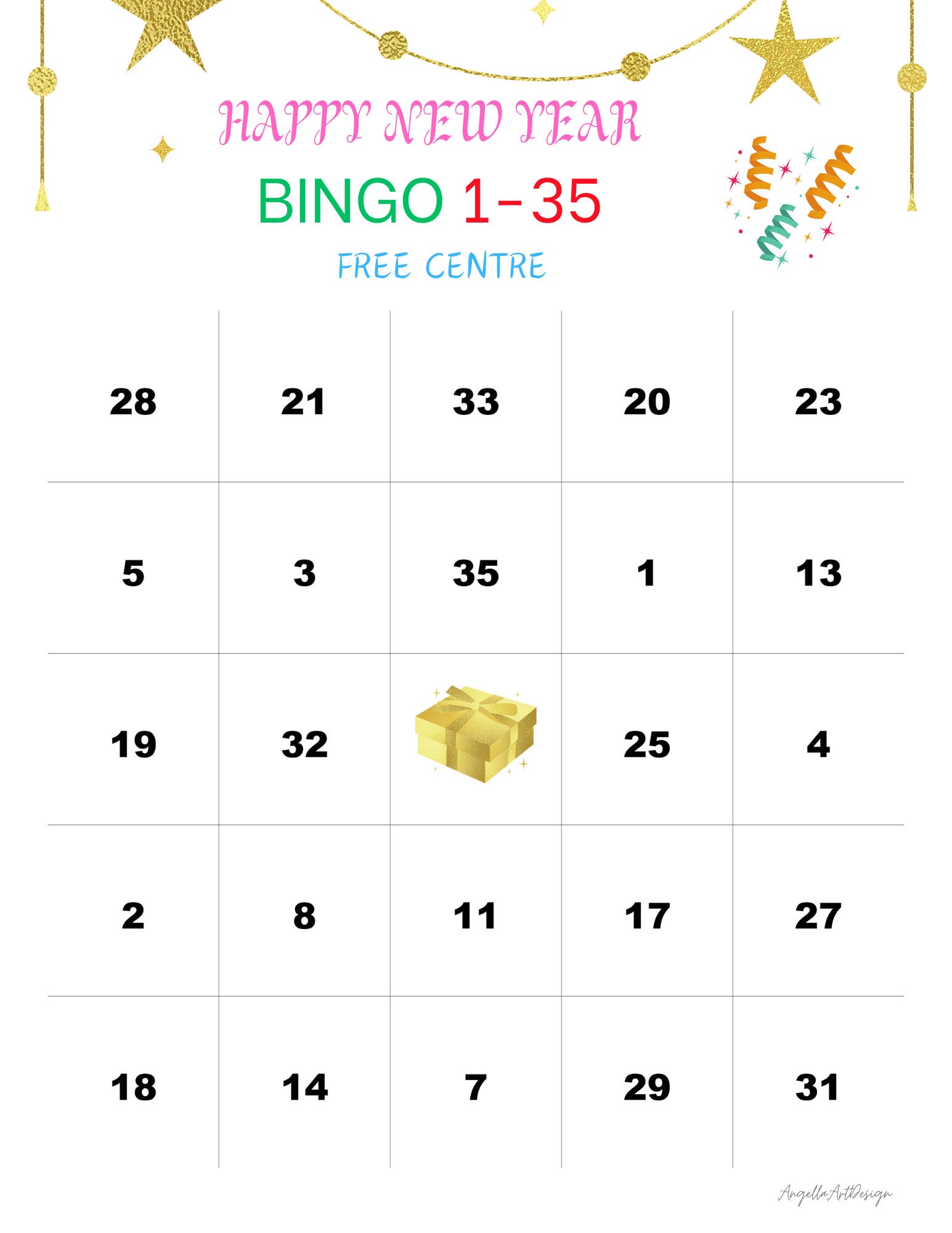 50 Cute 1-35 New Year Bingo Cards, Printable PDF Download, New Year ...