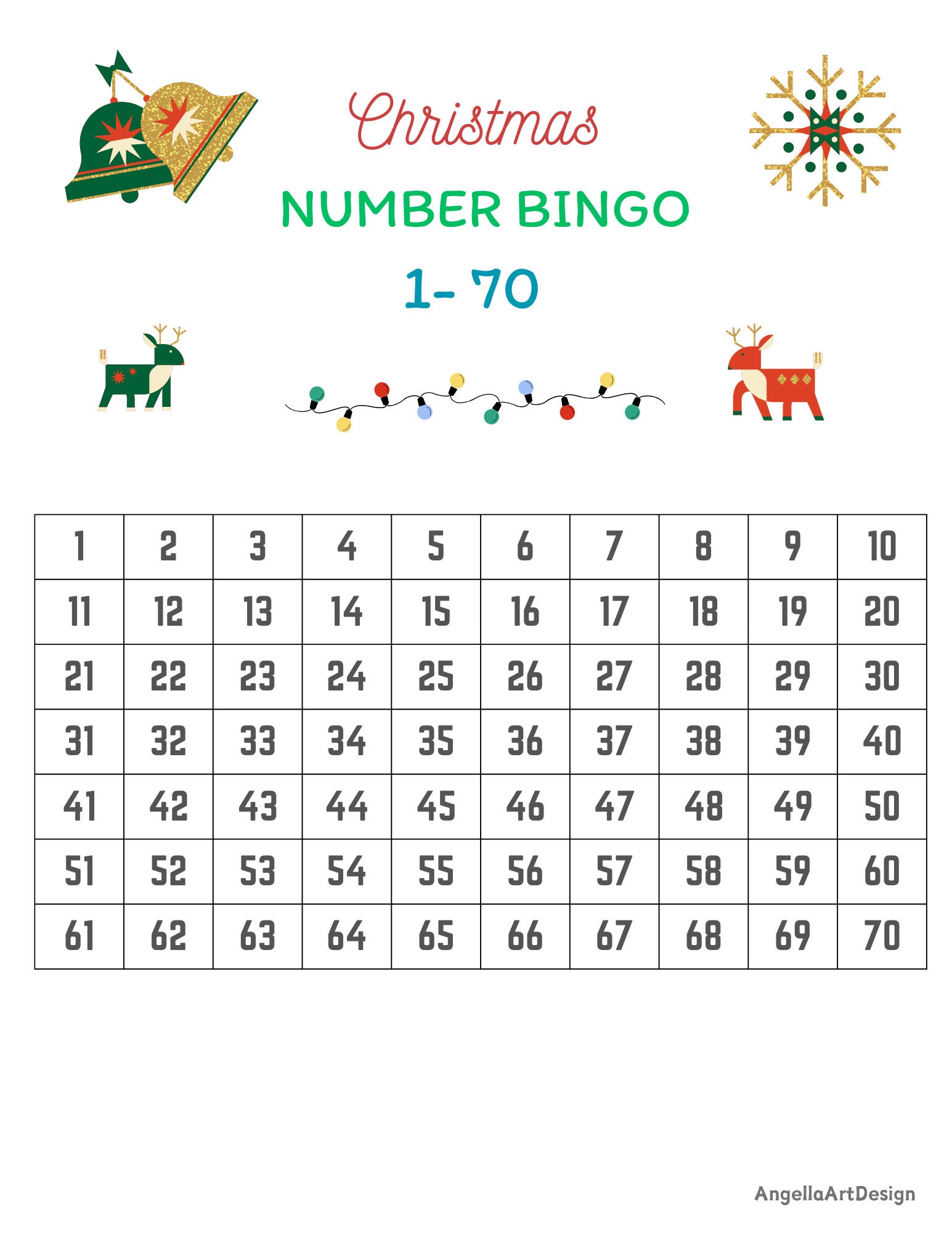 50 Cute 1-70 Christmas Bingo Cards, Printable PDF Download, Christmas ...