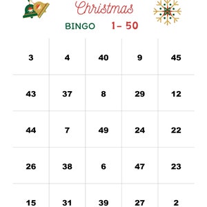 50 Cute 1-50 Christmas Bingo Cards, Printable PDF Download, Christmas ...