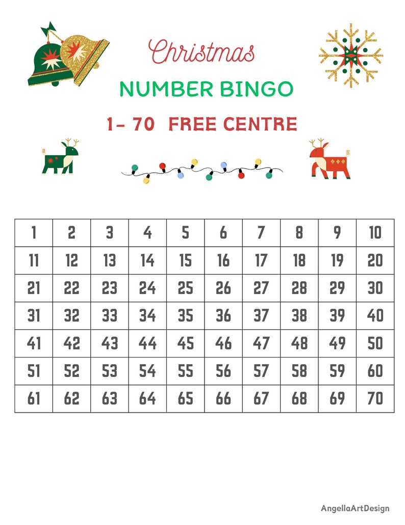 50 Cute 1-70 Christmas Bingo Cards, Printable PDF Download, Christmas ...
