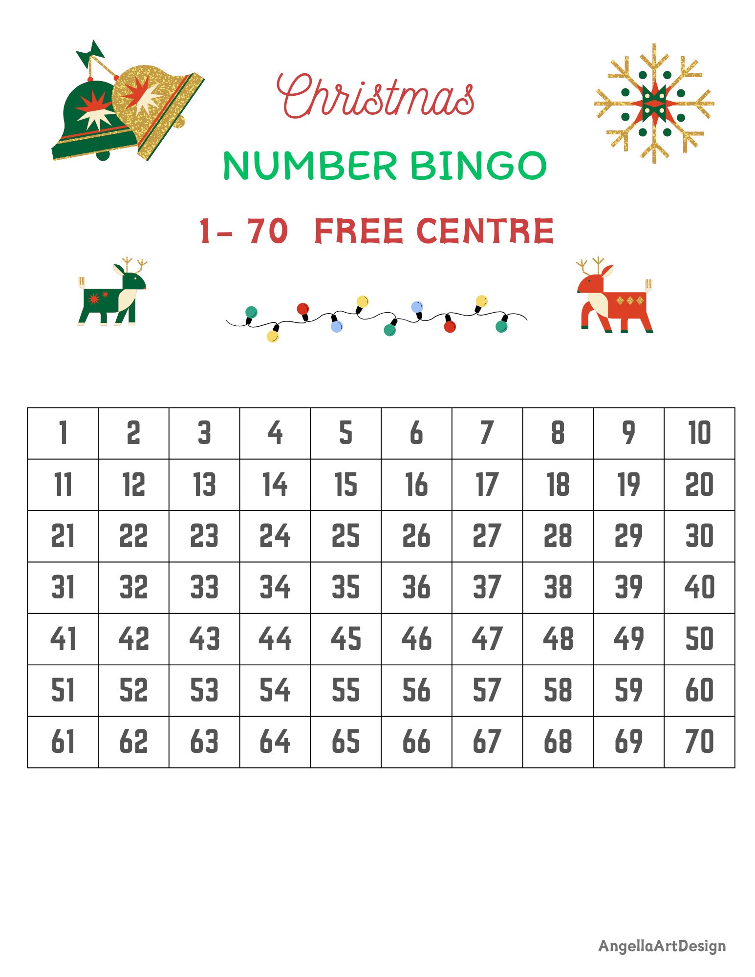 50 Cute 1-70 Christmas Bingo Cards, Printable PDF Download, Christmas ...