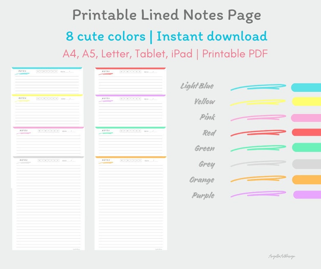 8 Cute Colors Lined Notes Page Printable, Minimal Goodnotes Template ...