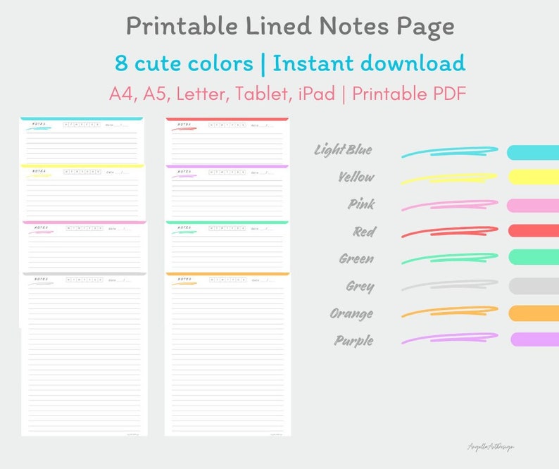 8 Cute Colors Lined Notes Page Printable, Minimal Goodnotes Template ...