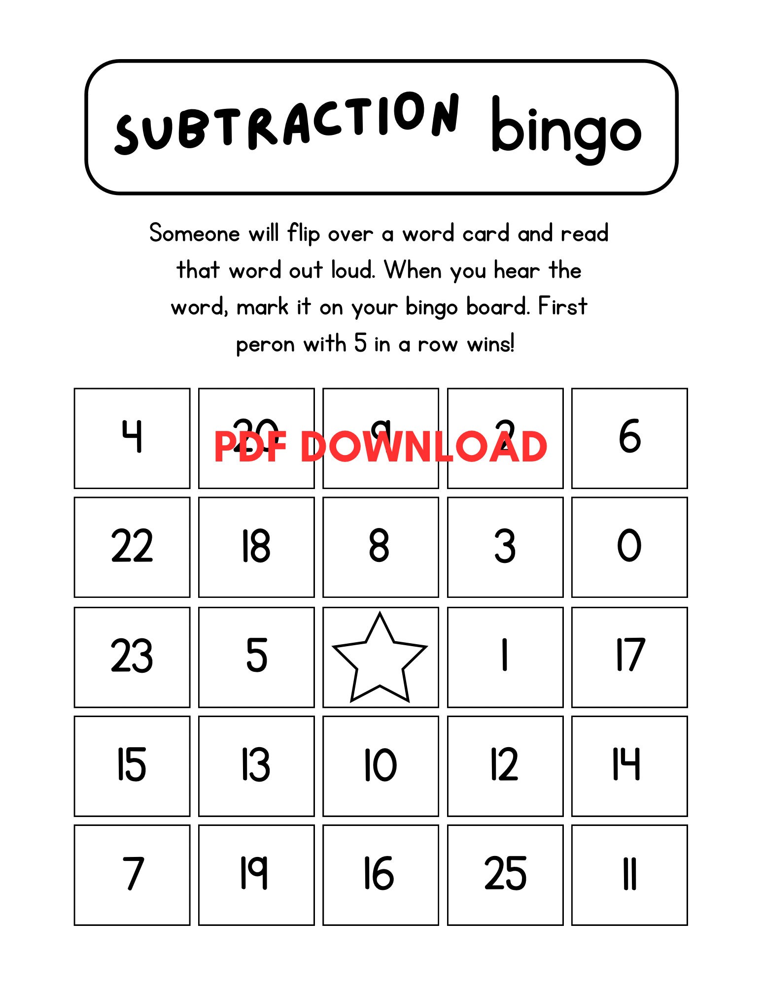 Subtraction Bingo Game, Elementary, Math, Teachers & Parents, Learning ...