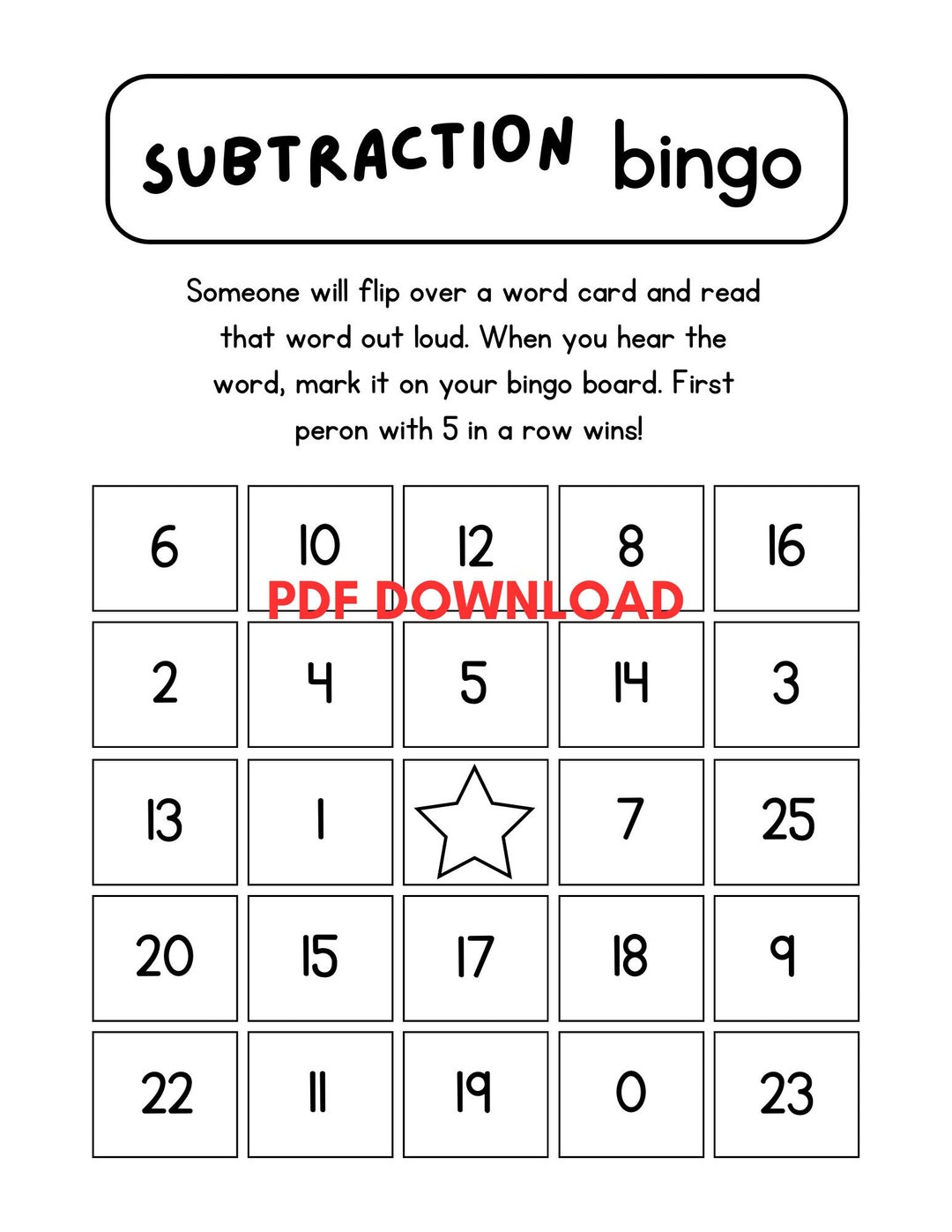 Subtraction Bingo Game, Elementary, Math, Teachers & Parents, Learning ...