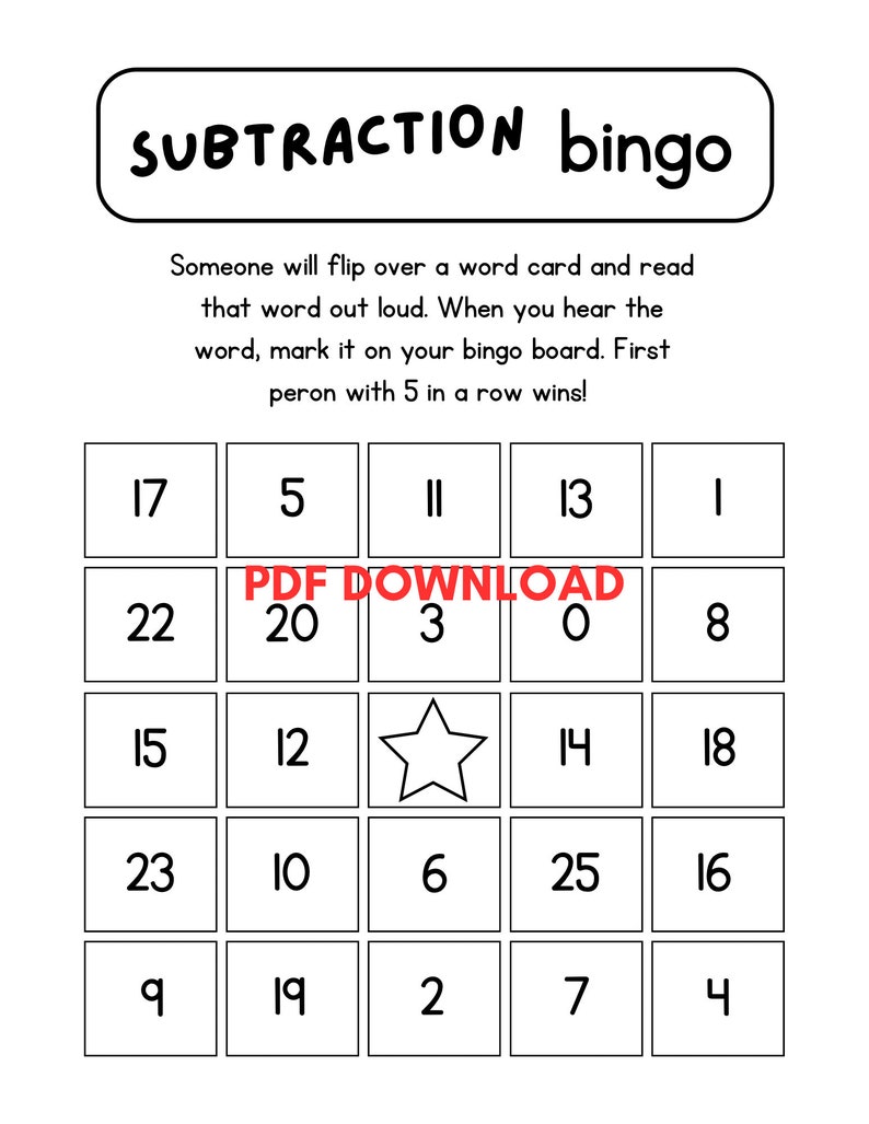 Subtraction Bingo Game, Elementary, Math, Teachers & Parents, Learning ...