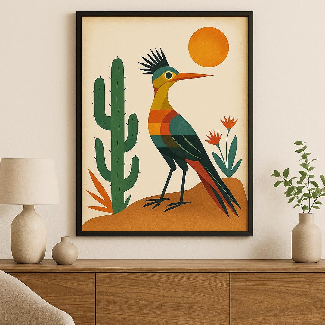 Roadrunner Cactus Minimalist Art - Boho Art - Desert Art - Etsy