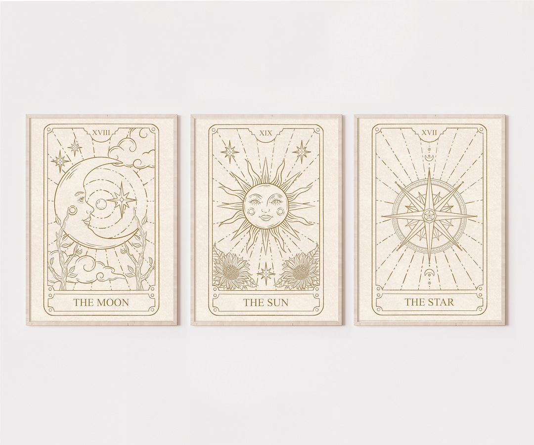 Set of 3 the Sun the Moon the Star Tarot Card Printable Poster, Boho ...