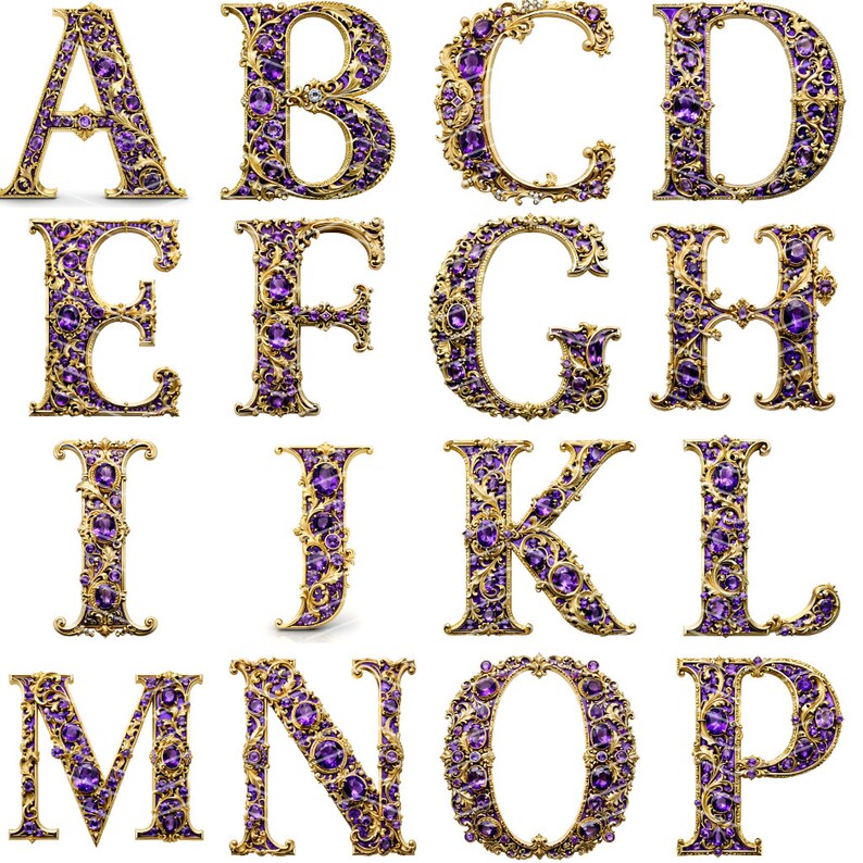 Amethyst Letters PNG Gold and Amethyst Alphabet Clipart Monogram Jewel ...