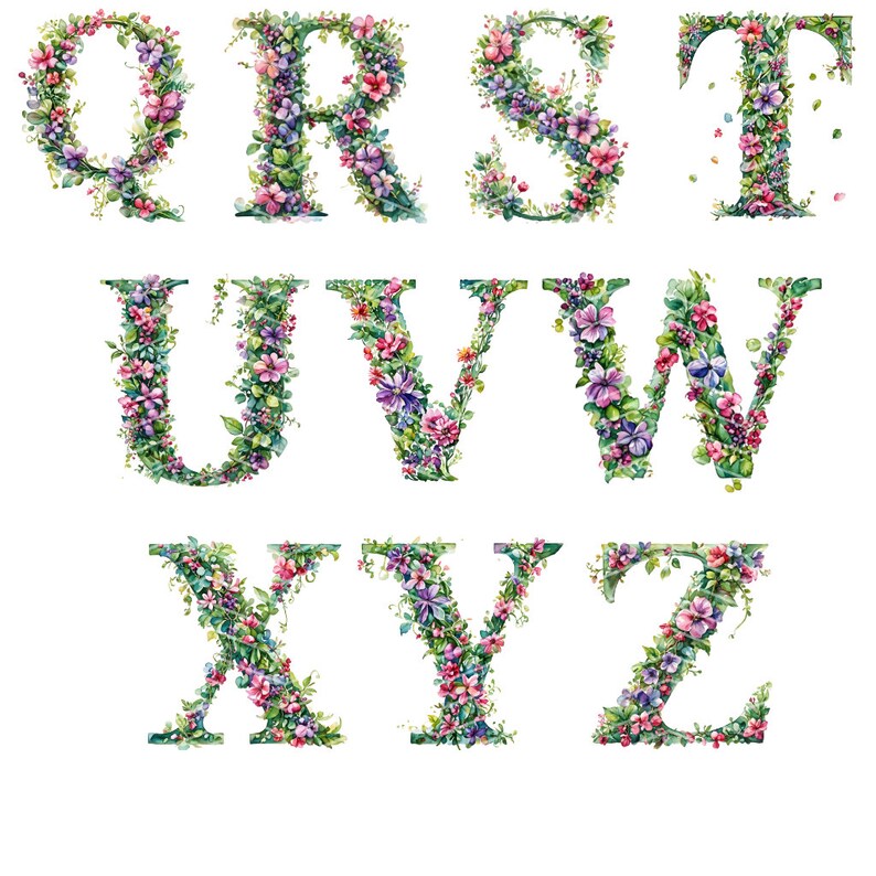 Watercolor Floral Alphabet Clipart: Flower Monogram Letters (PNG ...