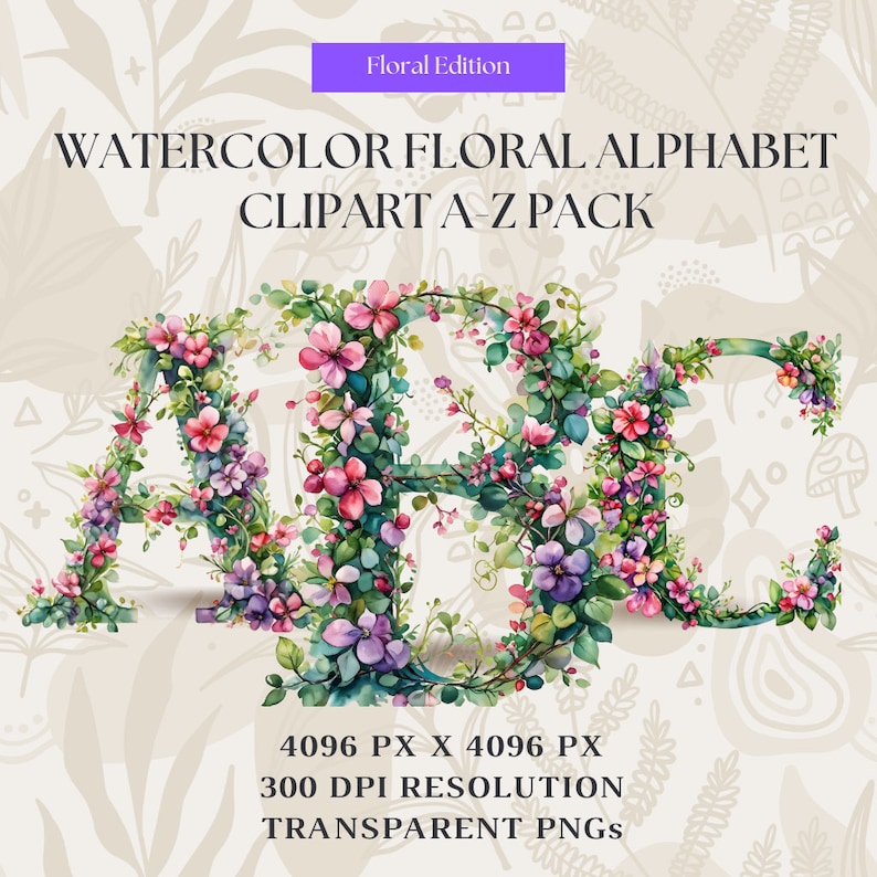Watercolor Floral Alphabet Clipart Letter PNG Flower Monogram ...