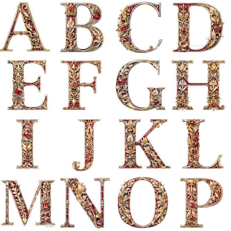 Jewel Letters PNG Gold and Ruby Alphabet Clipart Monogram Jewel ...