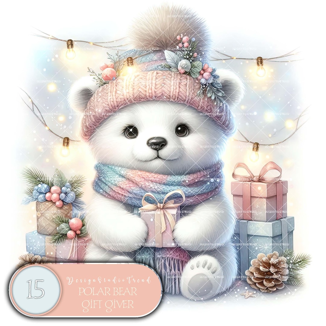 Polar Bear Christmas Clipart Set: Watercolor Winter PNG Illustrations ...