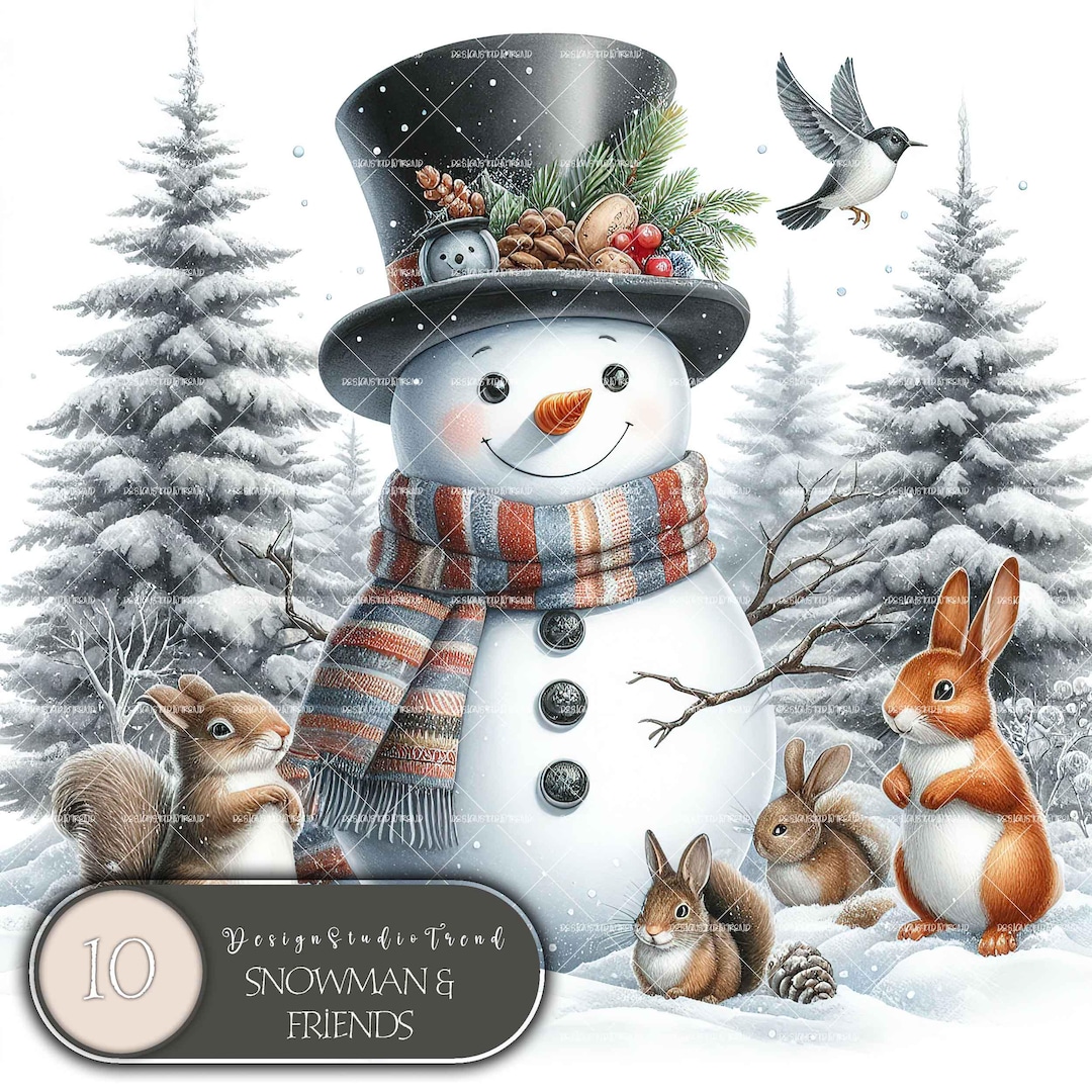 Frosty Enchantment Christmas Snowman Woodland Friends Clipart - 10 ...