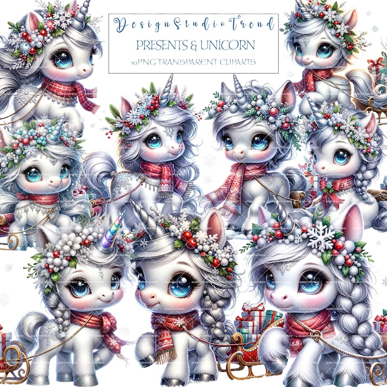 Magical Baby Unicorn Winter Clipart Set - Holiday Sleigh & Presents ...