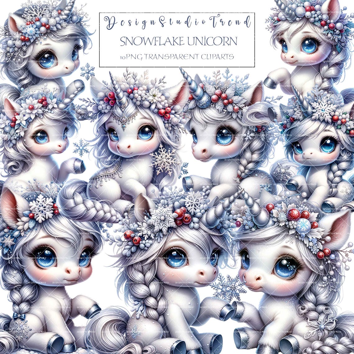 Christmas Unicorn Clipart: Pastel Winter Snowflake Designs (digital ...