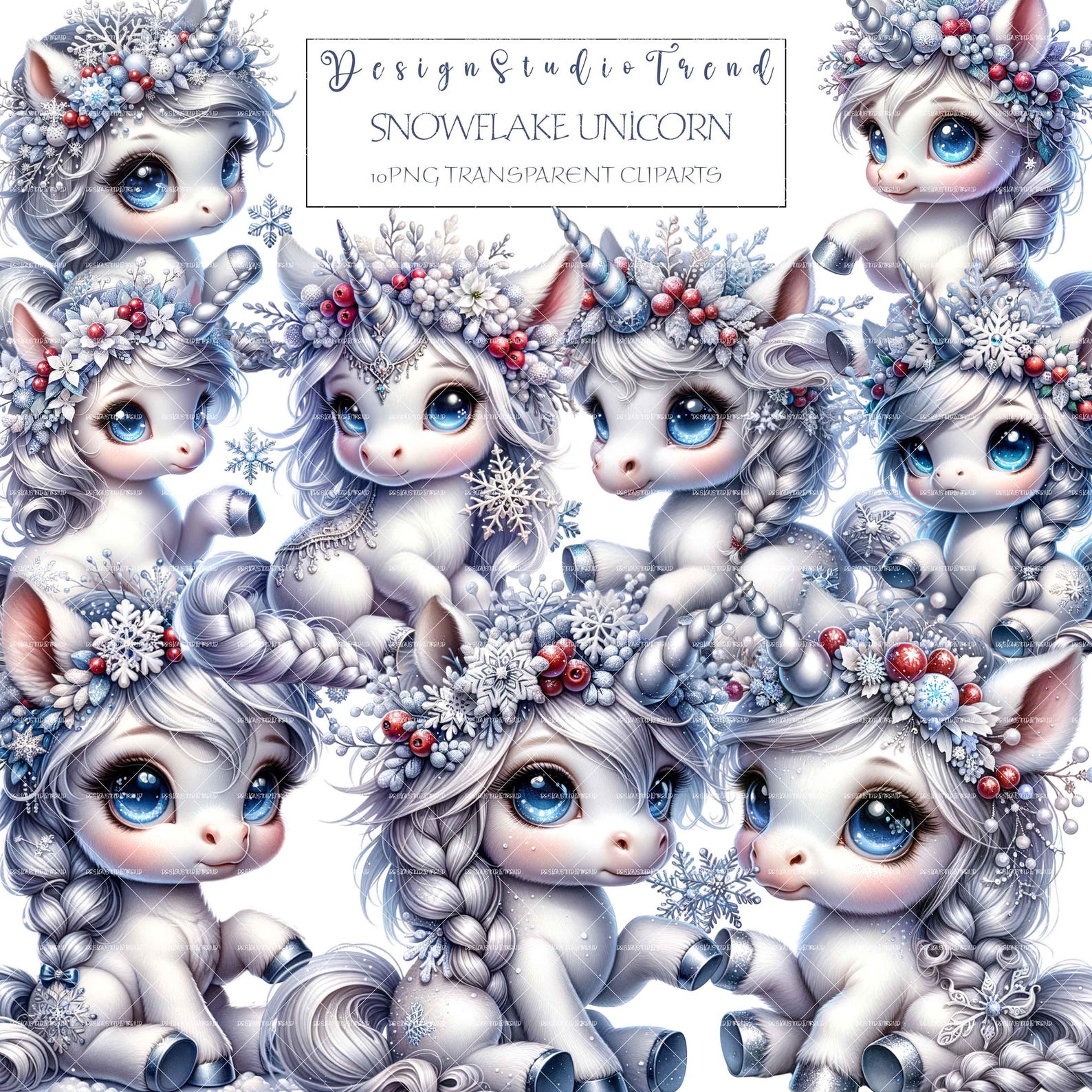Christmas Unicorn Clipart: Pastel Winter Snowflake Designs (digital ...