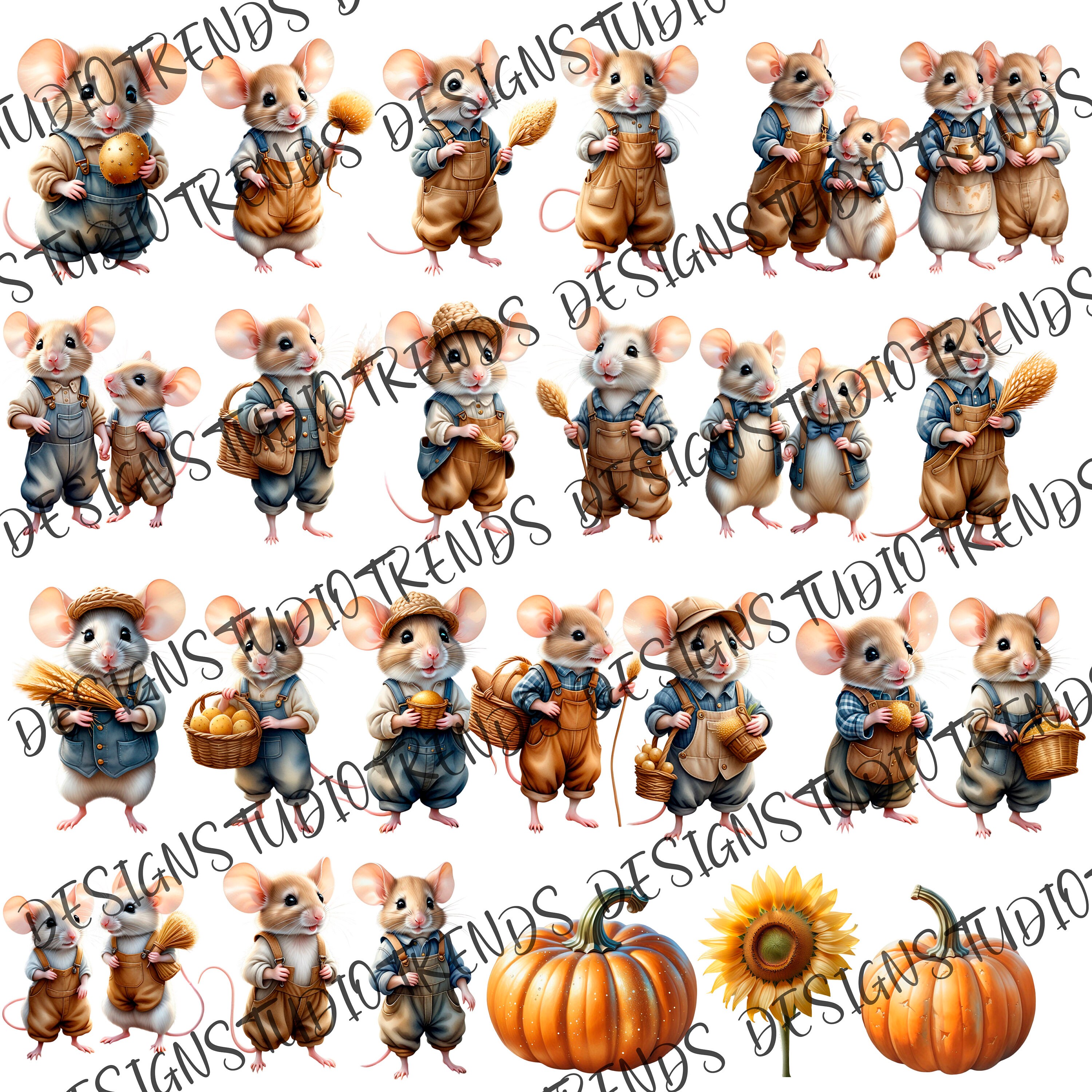 Vibrant Watercolor Farmer Mouse Clipart Set - 69 Transparent Pngs ...