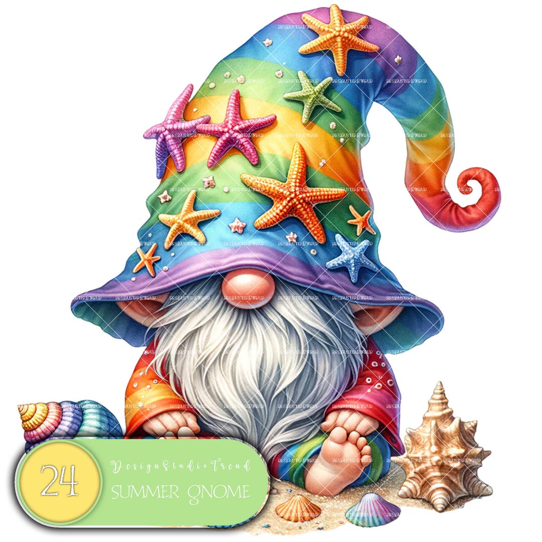 Coastal Summer Gnome Watercolor Clipart Bundle - 24 Pcs Whimsical ...