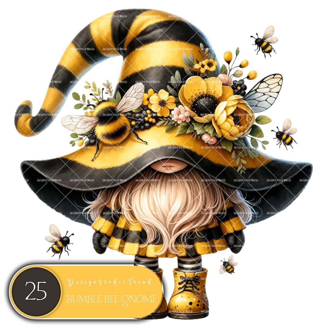 Whimsical Bumble Bee Gnome - 25 Pcs Floral Watercolor Clipart PNG ...