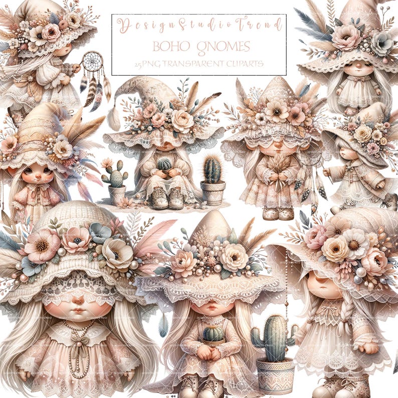 Boho Gnome Clipart Set: 25 Watercolor Female Gnomes (PNG) - Etsy Canada