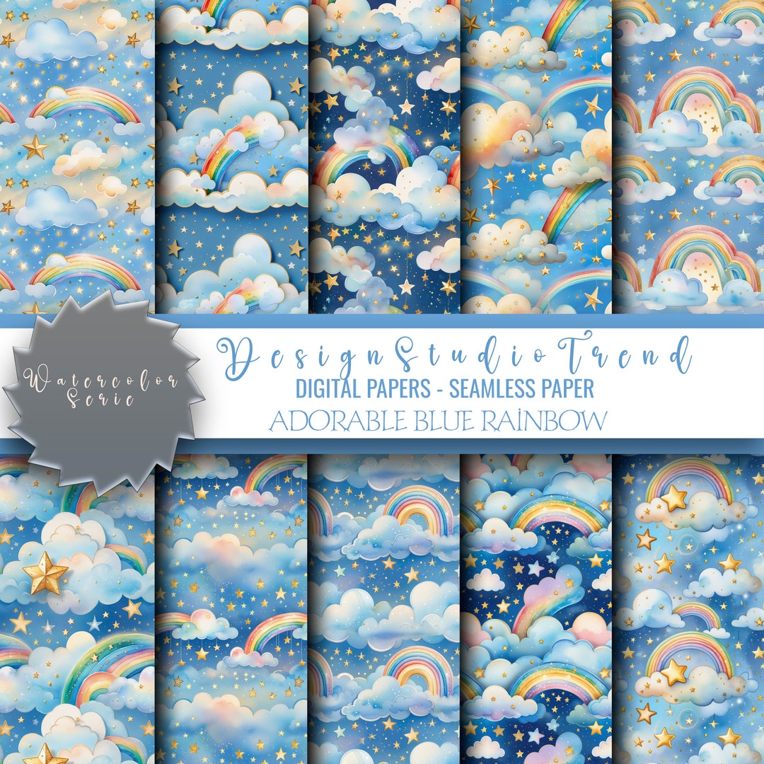 Dreamy Blue Rainbow Clipart Set 10pcs Seamless Patterns Watercolor ...