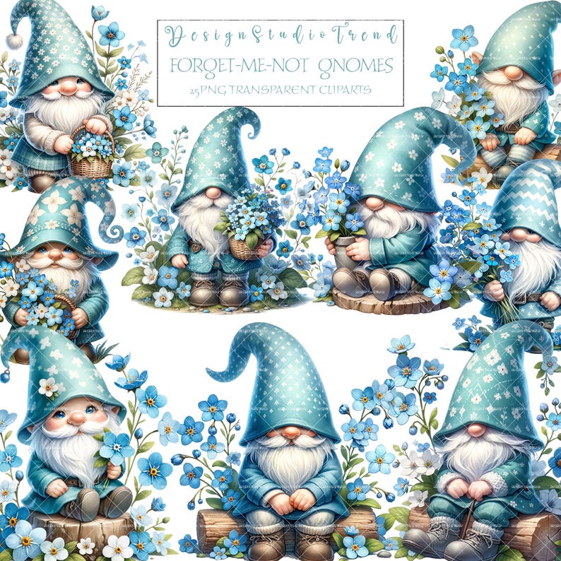 Forget Me Not Gnome Clipart: Spring Watercolor PNG Bundle (commercial ...