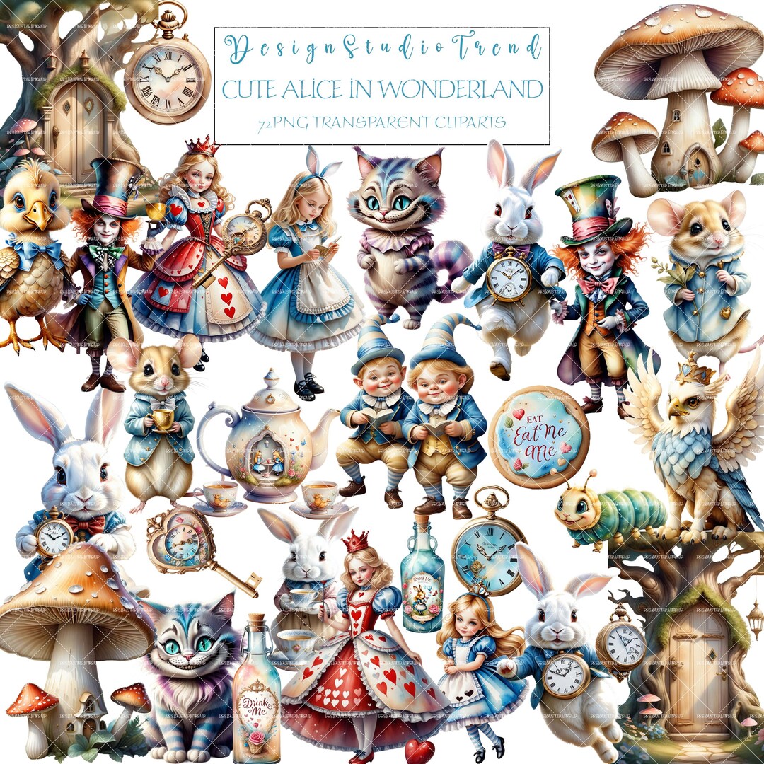 Alice in Wonderland Clipart: 72 Watercolor PNG Images (commercial Use ...