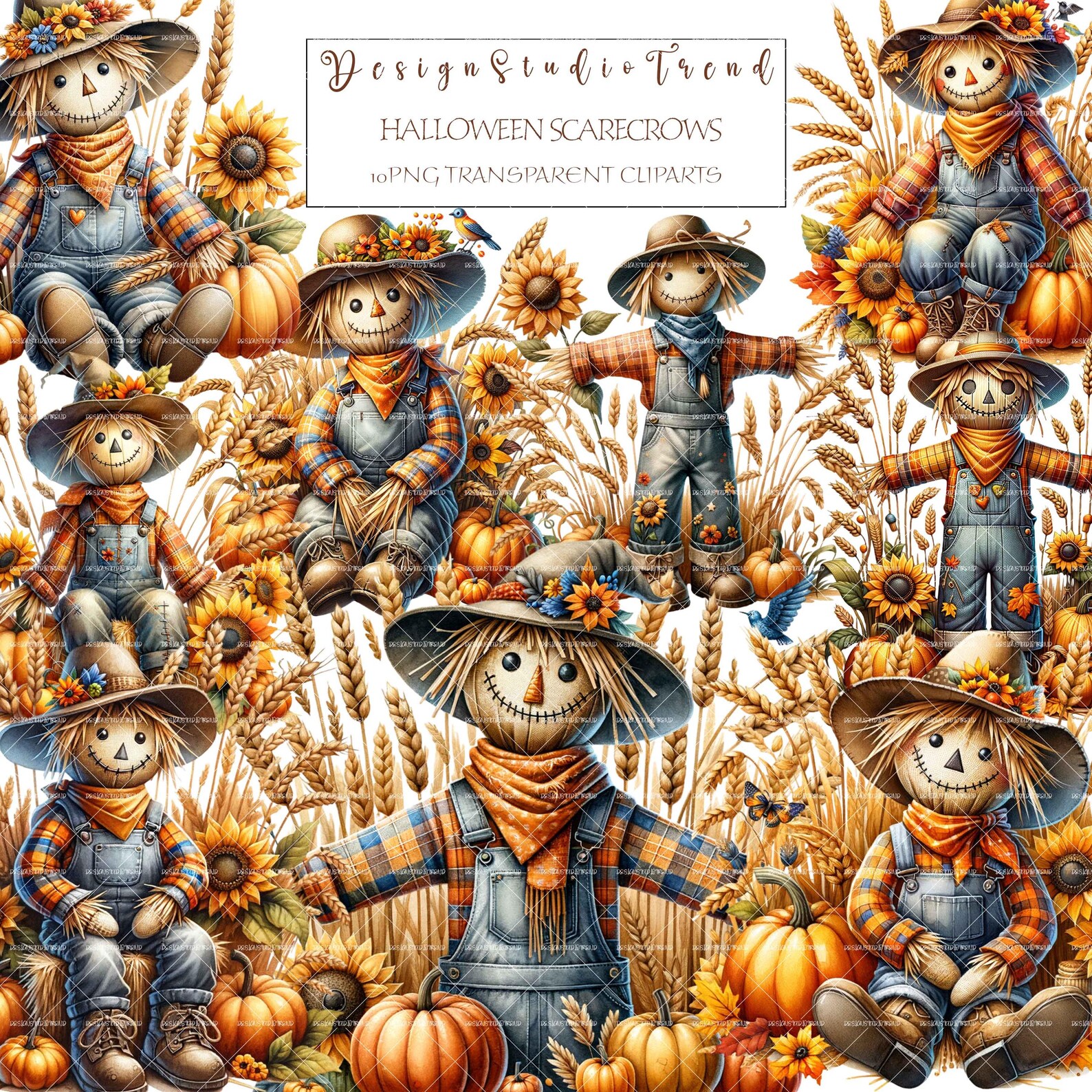 Whimsical Scarecrow Clipart Set: Halloween & Fall PNG Illustrations ...