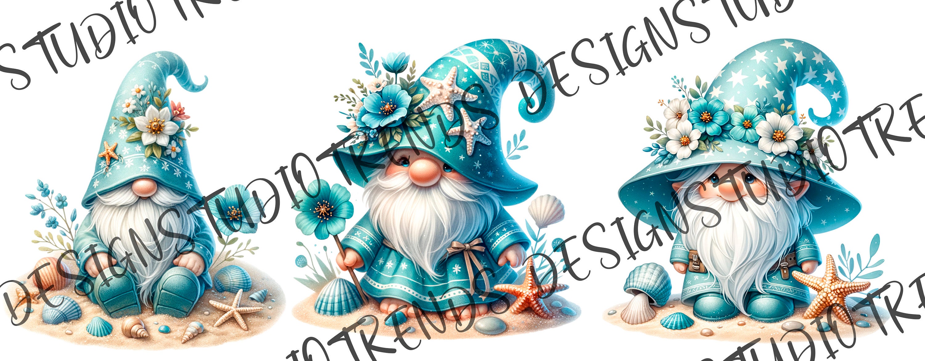 Seashell Starfish Gnome Clipart: Summer Watercolor PNG Bundle ...