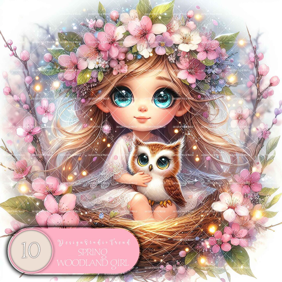 Woodland Girl & Owl Clipart Set: Spring Nursery Decor (PNG) - Etsy