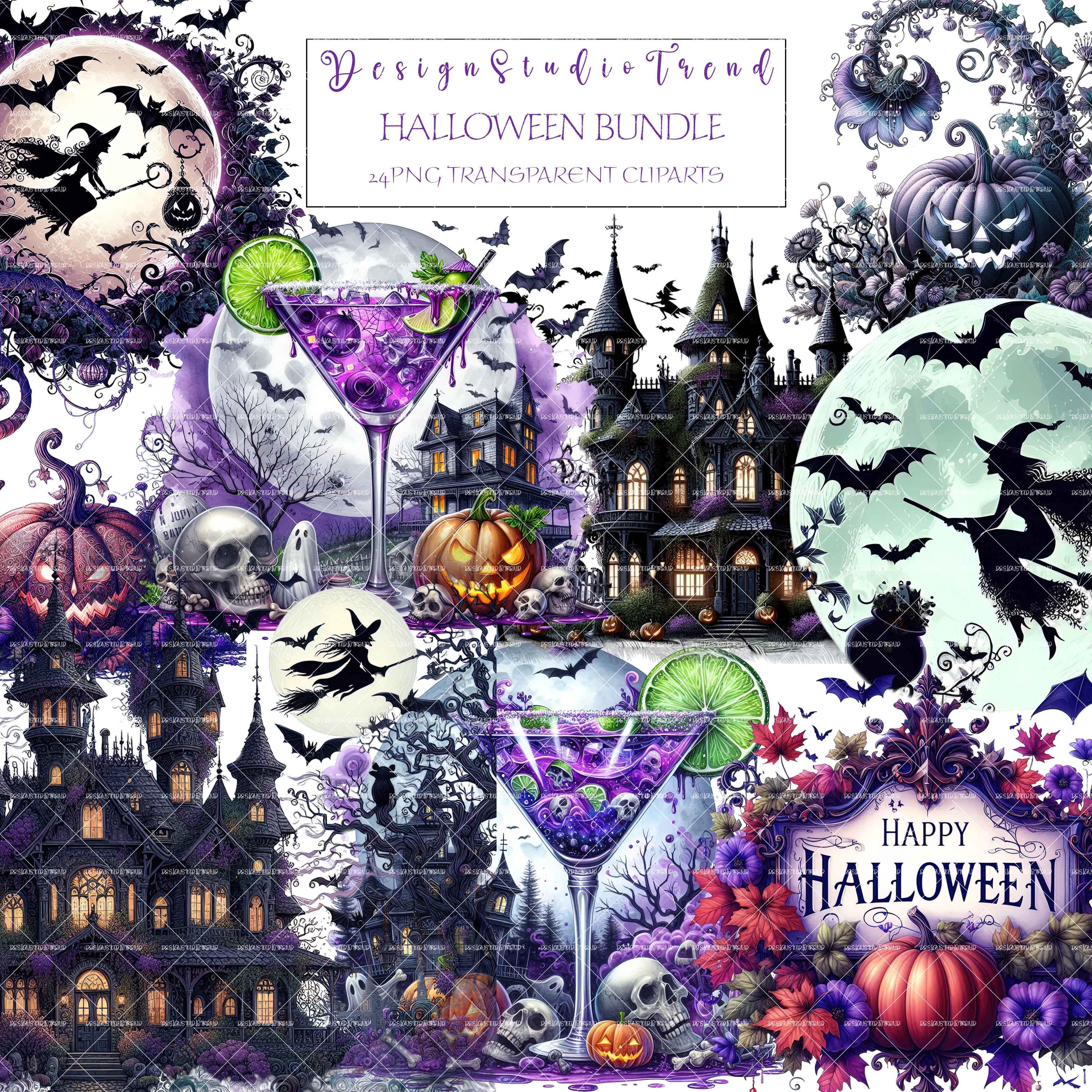 Gothic Halloween Clipart Bundle: Witchy Moon, Pumpkins (PNG, Commercial ...