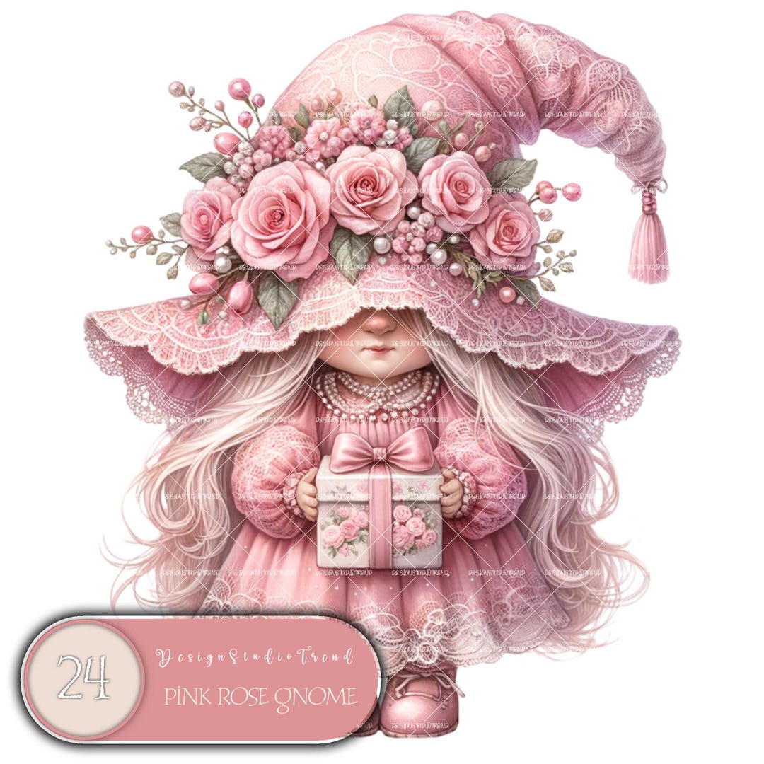 Cute Pink Rose Girl Gnome - 24pcs Whimsical Female Gnome Clipart Set ...
