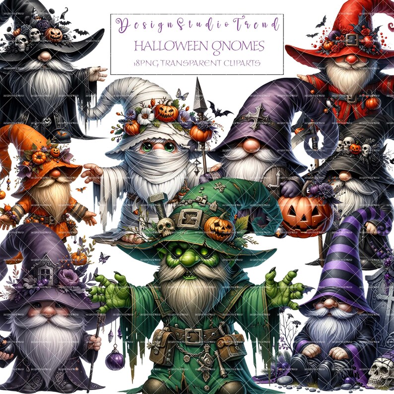 Spooky Halloween Gnomes Clipart: PNG Bundle, Commercial Use (18pcs ...