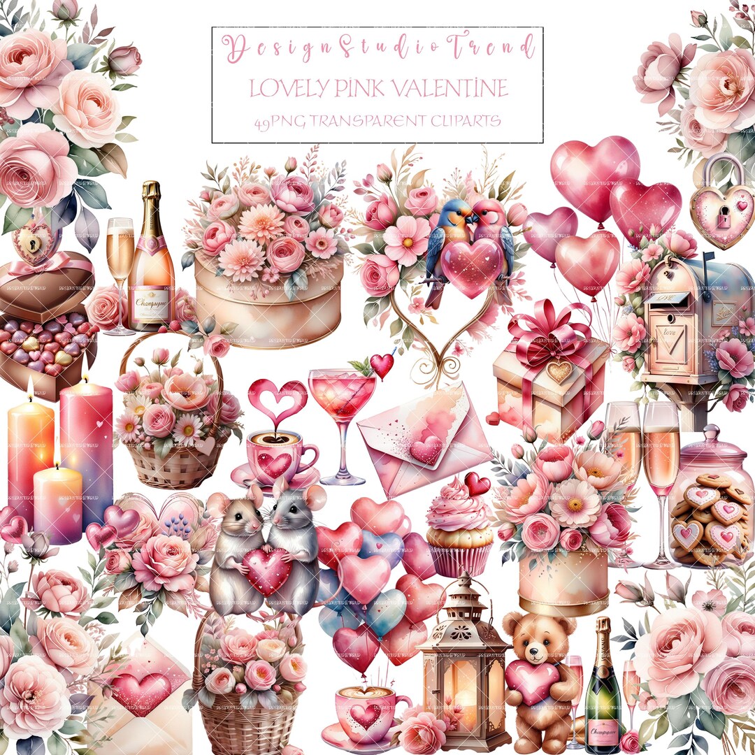 Pink Valentine Clipart Bundle: Floral Watercolor PNG (commercial Use ...