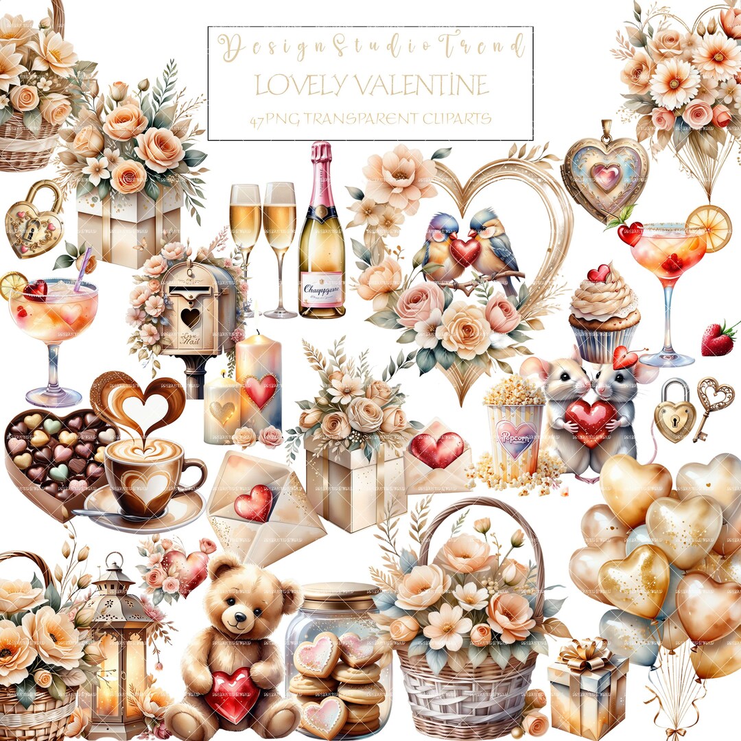 Romantic Lovely Valentine Clipart Bundle - Floral Valentine Watercolor ...